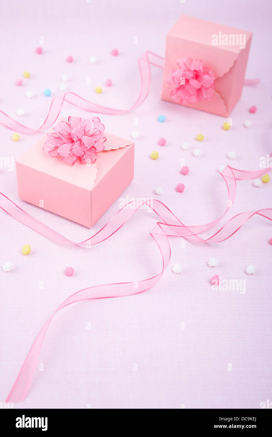 pink gift boxes with pink flowers Stock Photo - Alamy