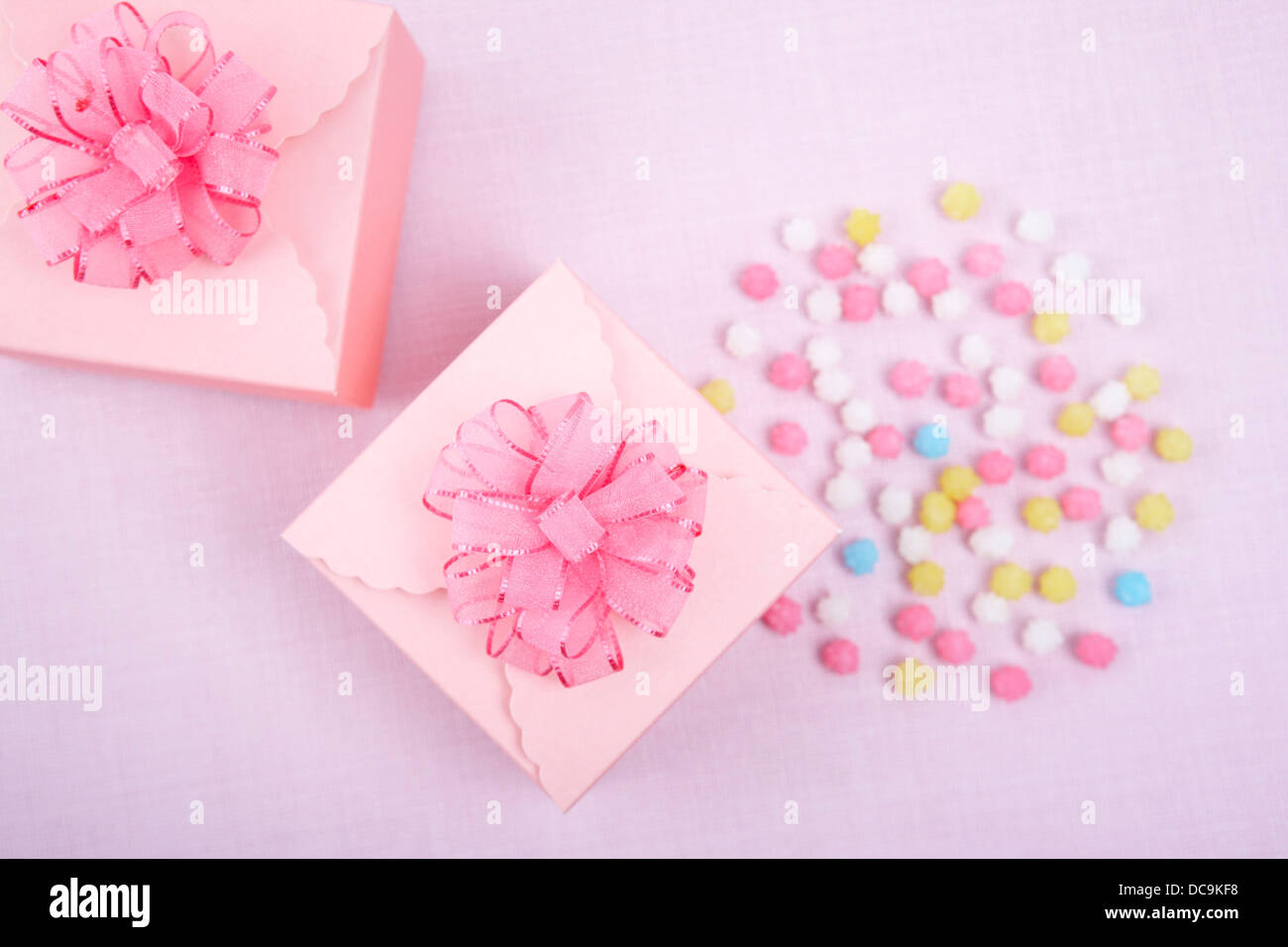 pink gift boxes with pink flowers Stock Photo - Alamy
