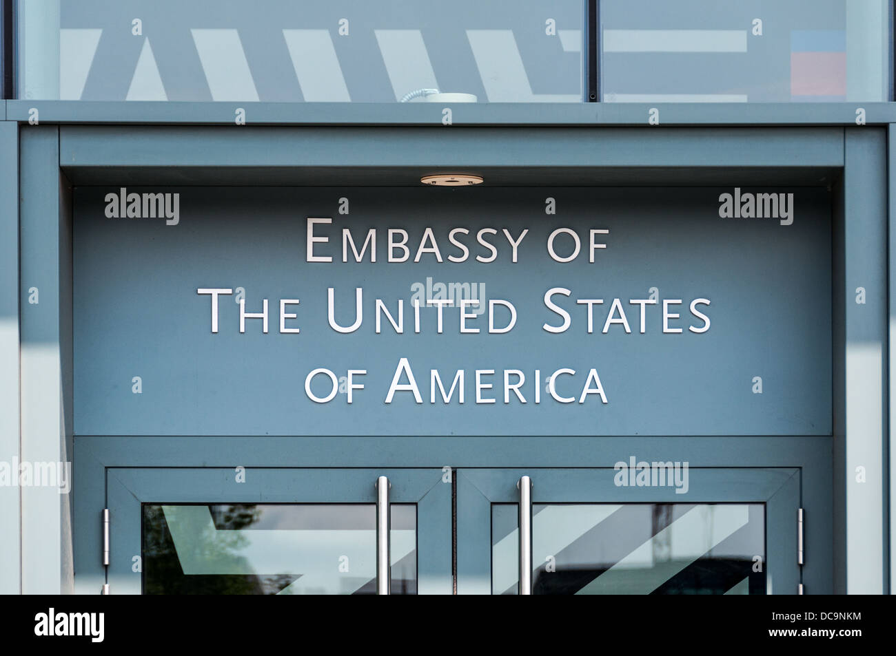Entrance sign of the Embassy of the United States of America in Berlin ...