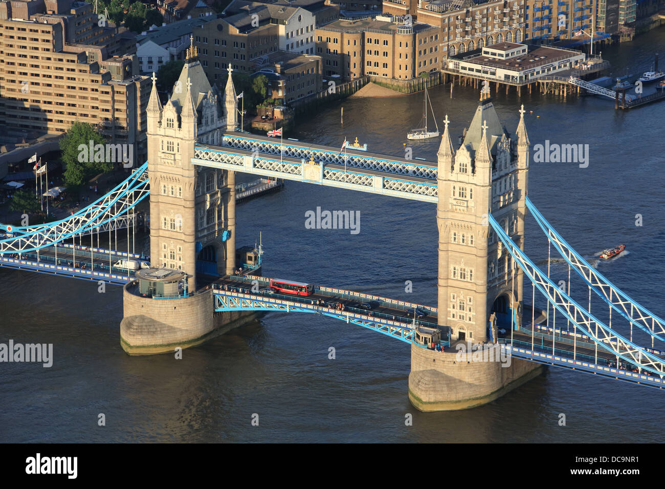 Tower Bridge over the river Thames, looking down from the viewing ...