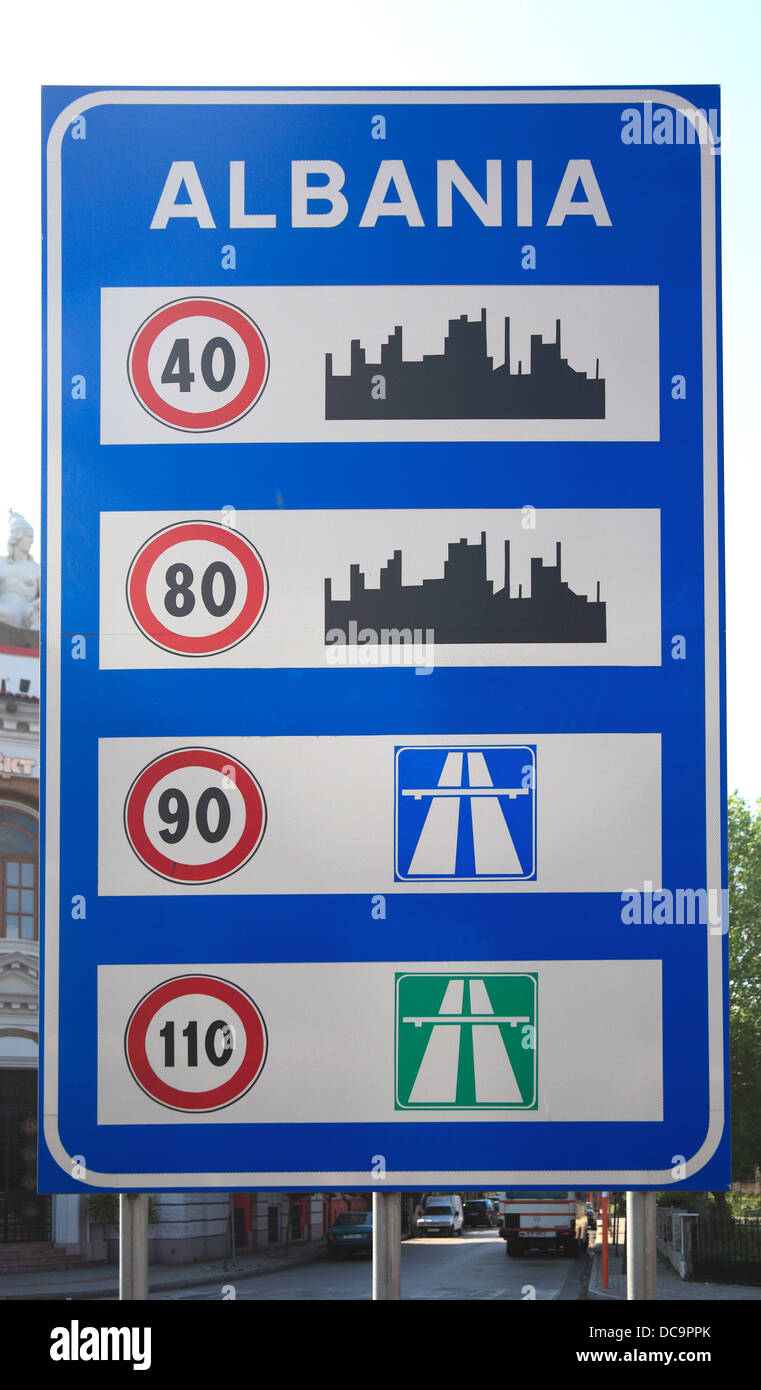 Albania, traffic sign on the border, speed limit Stock Photo - Alamy