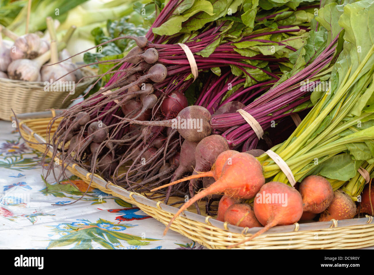 Beet greens and garlic on display at a vendor's booth at the Walllowa ...
