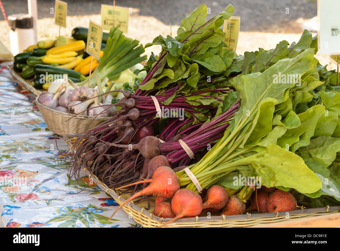 Beet greens. garlic and squash on display at a vendor's booth at the ...