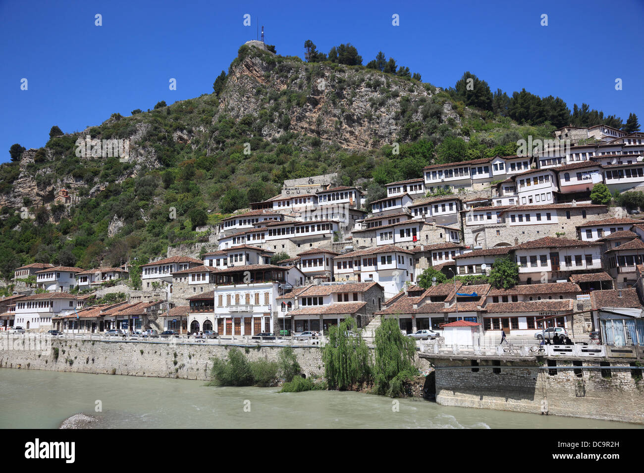 Berat, Berati, quarter Mangalem with the river Osum, Albania Stock ...