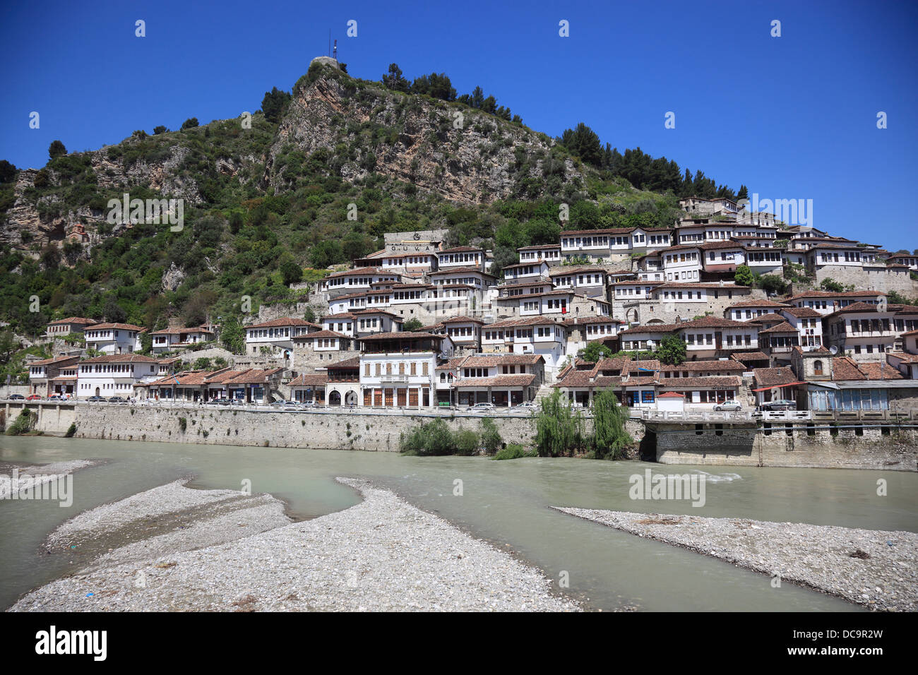 Berat, Berati, quarter Mangalem with the river Osum, Albania Stock ...