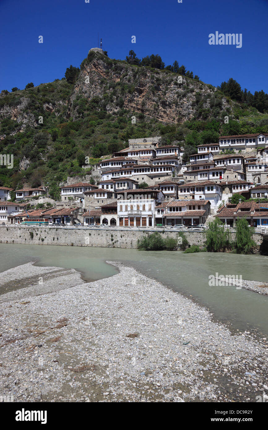 Berat, Berati, quarter Mangalem with the river Osum, Albania Stock ...