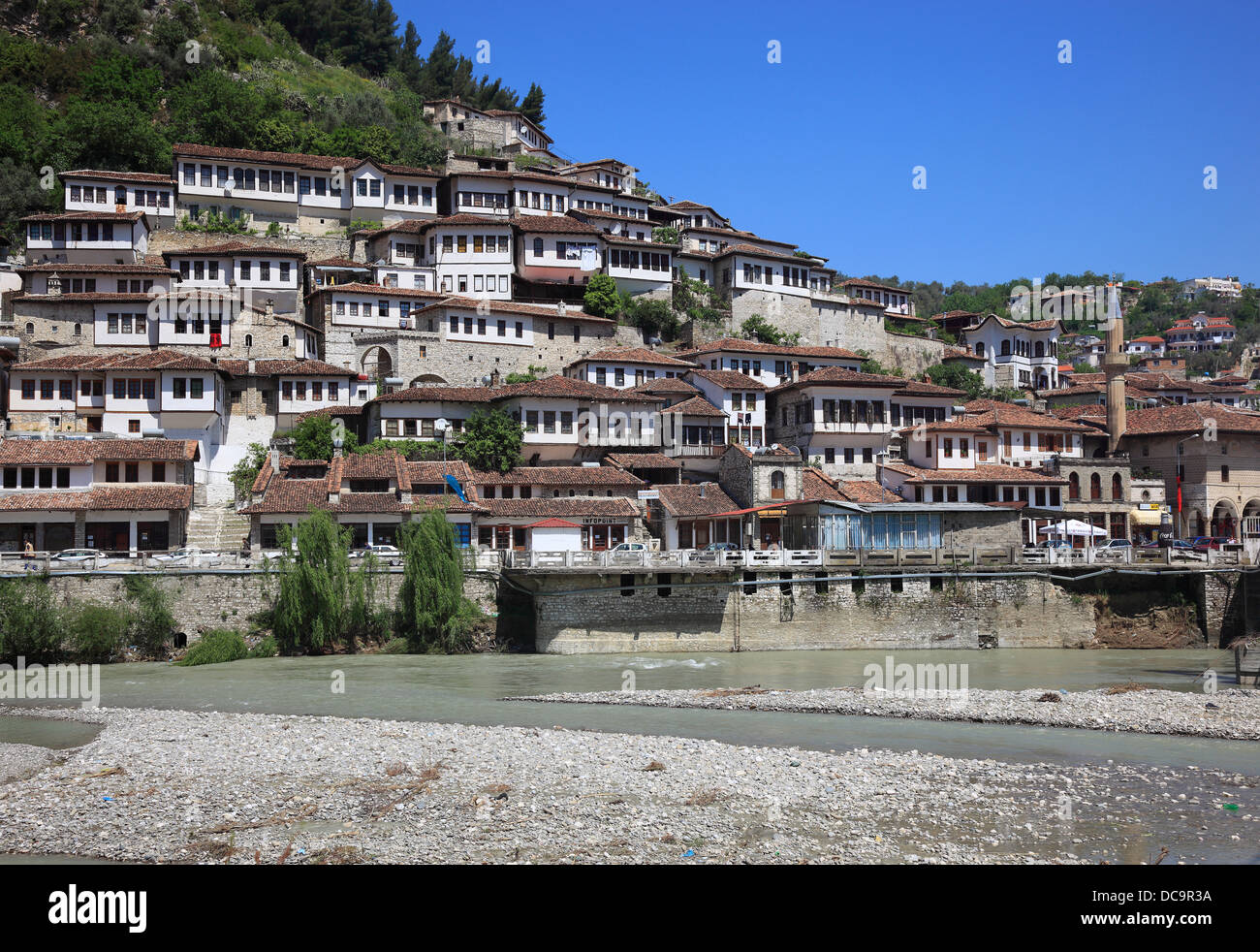 Berat, Berati, quarter Mangalem with the river Osum, Albania Stock ...