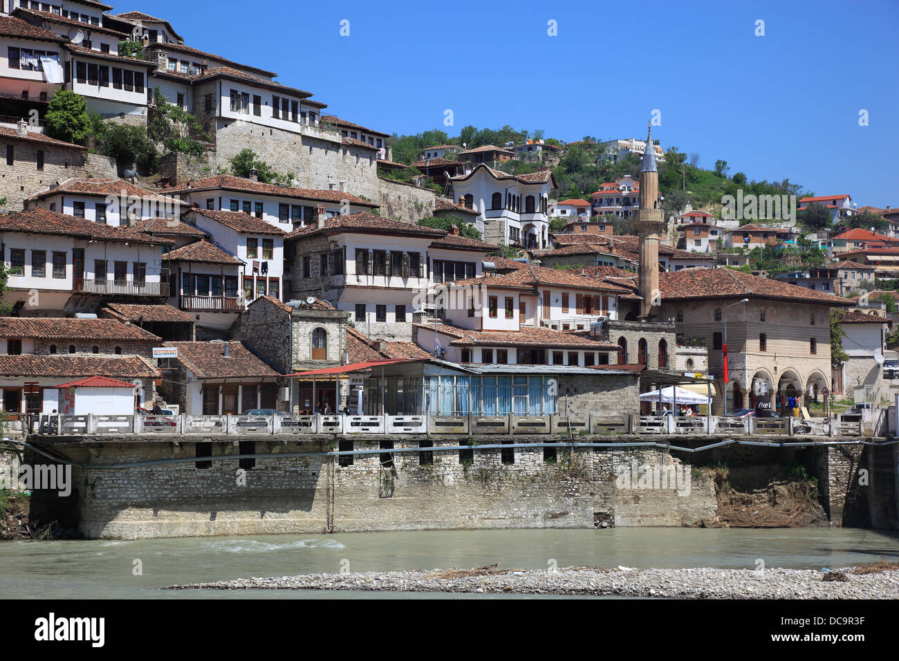 Berat, Berati, quarter Mangalem with the river Osum, Albania Stock ...