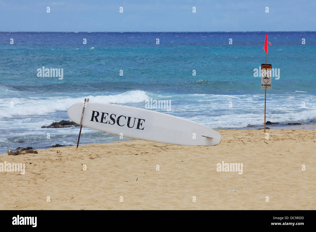 Rescue and Swimming Warning Signs Hawaii Beach Stock Photo - Alamy