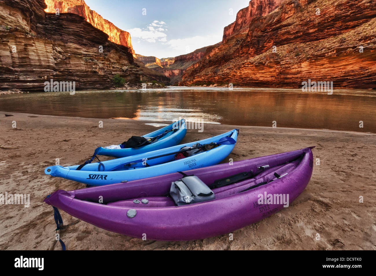 Grand Canyon National Park, Arizona, USA. Kayaks on the beach, Colorado ...