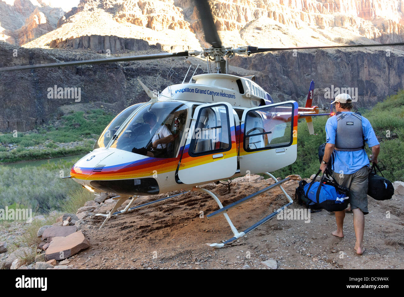 Grand Canyon National Park, Arizona, USA. Helicopter preparing to take ...