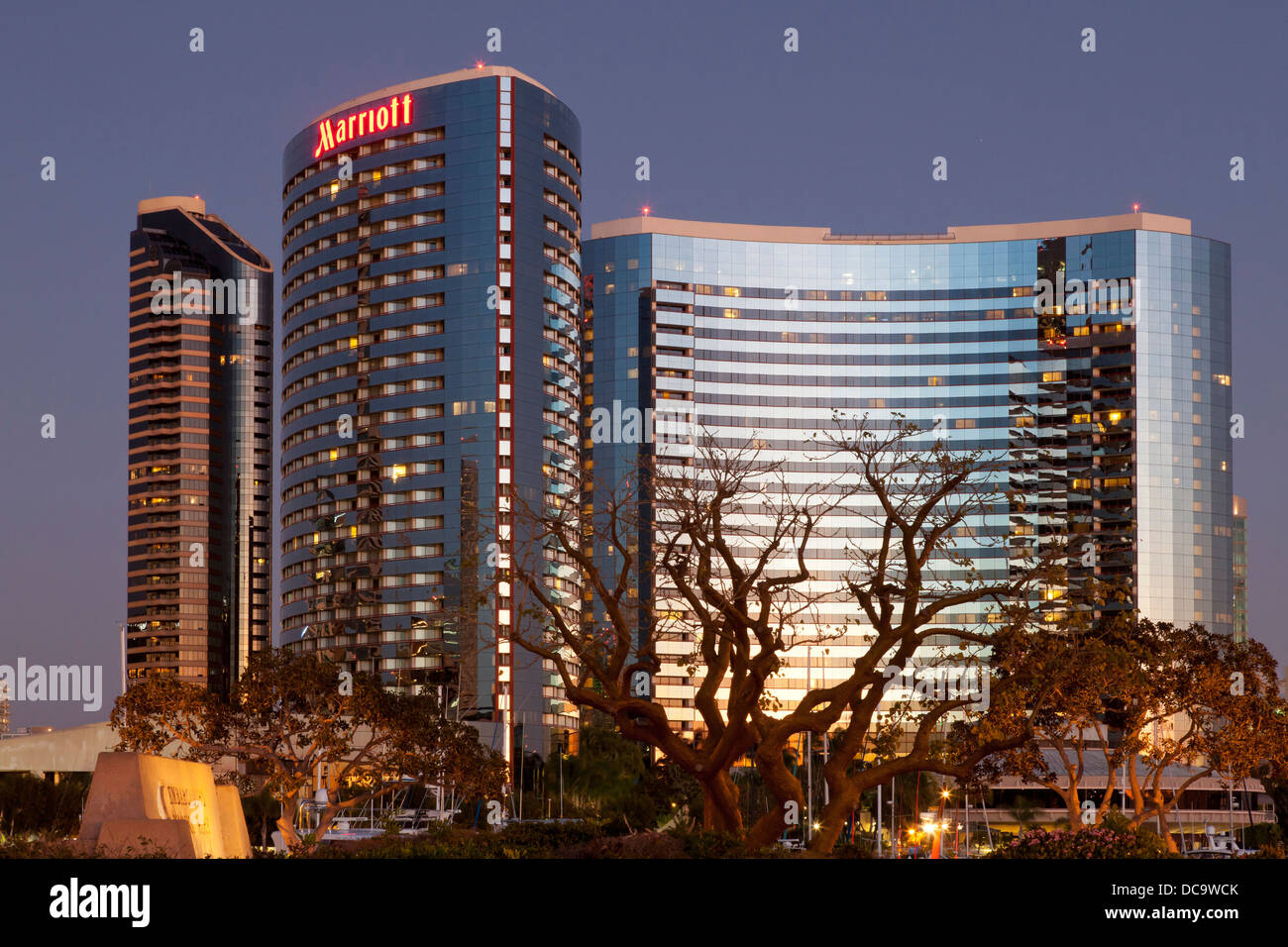 USA, California, San Diego. View of Marriott Towers hotel at sunset ...