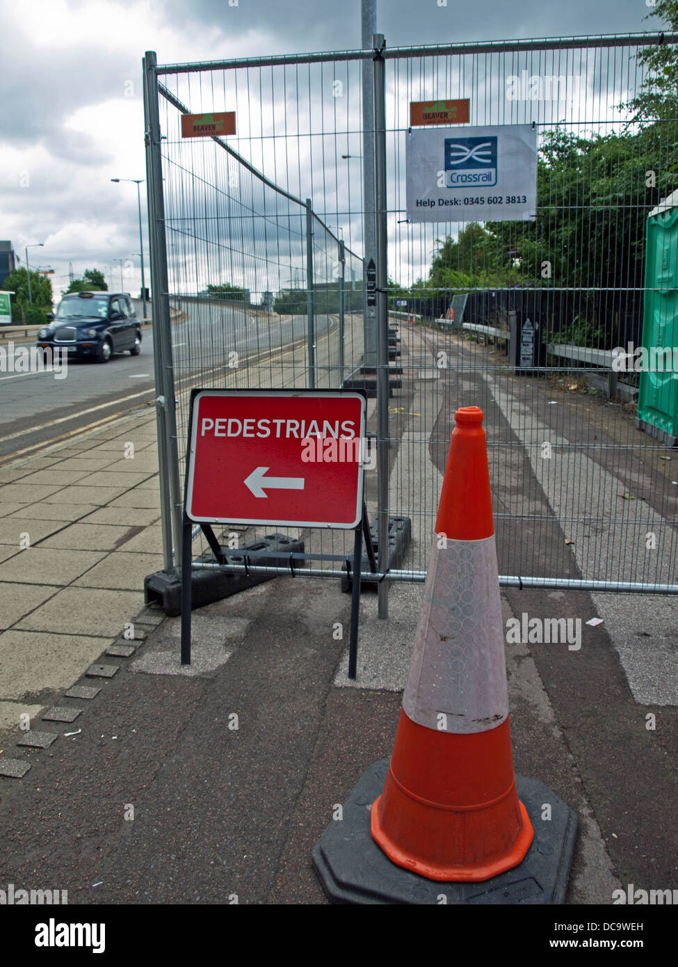 Pedestrian diversion sign at Crossrail construction site, East London ...