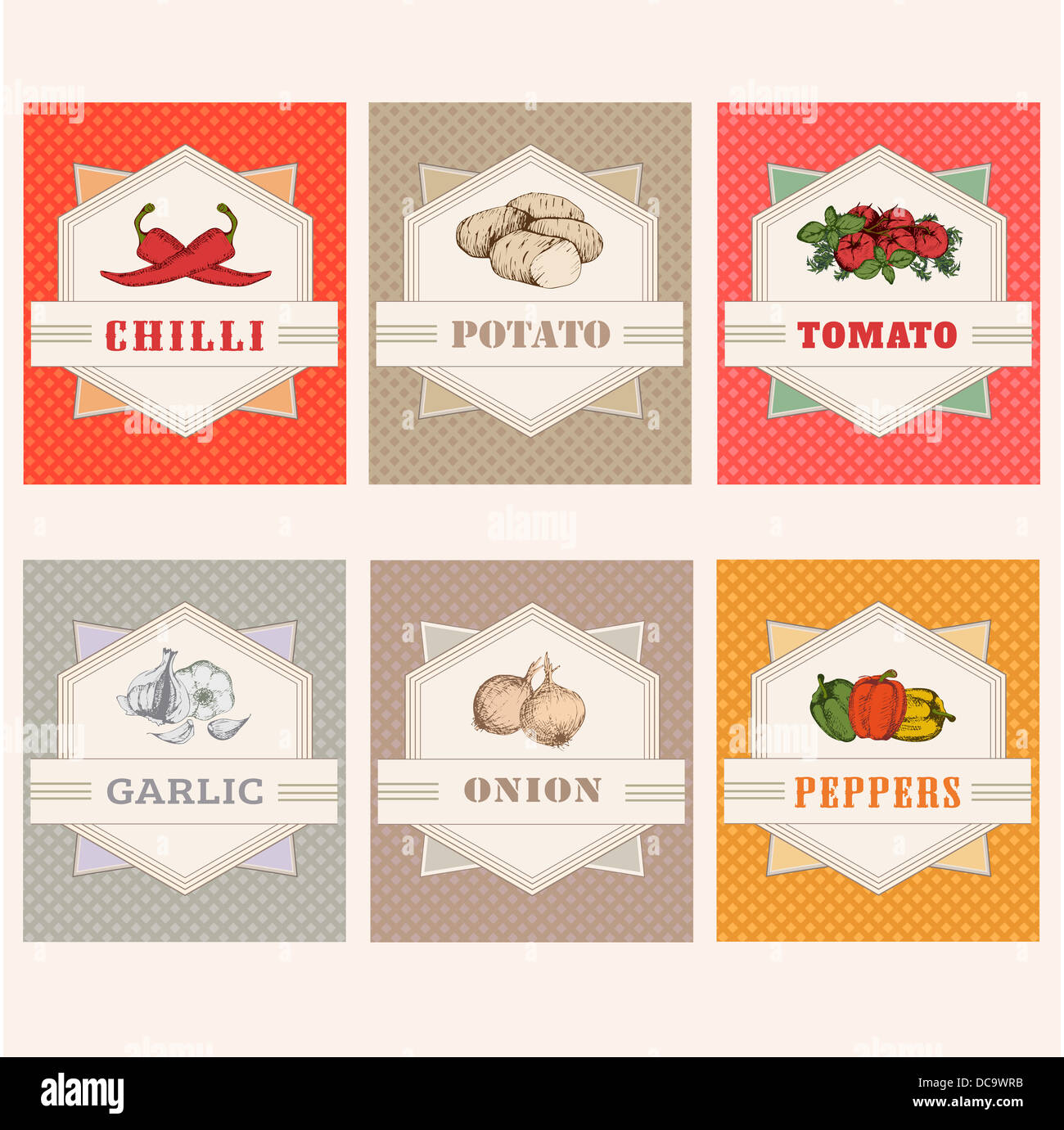 vegetables set labels, garlic, tomato, potato, onion, chilly, pepper ...
