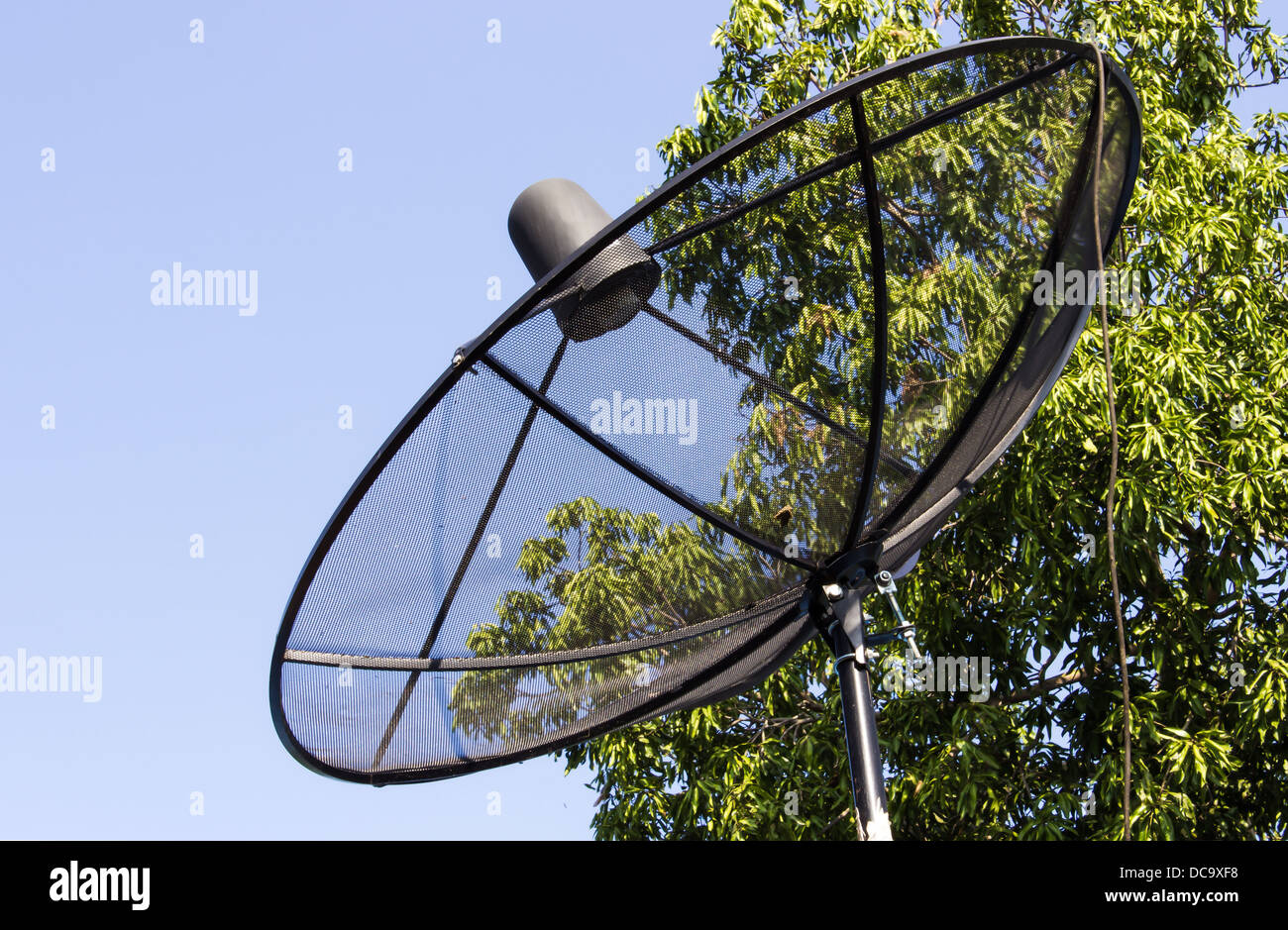 Satellite dish and cloudy blue sky background and tree behind Stock ...