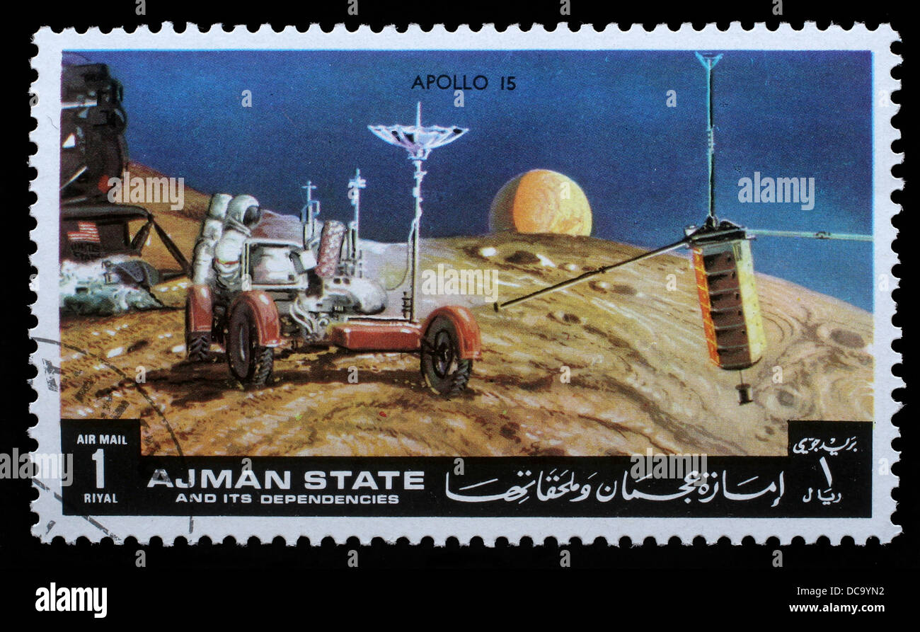 Stamp printed by Ajman shows Apollo 15 - TV Broadcasting, circa 1972 ...