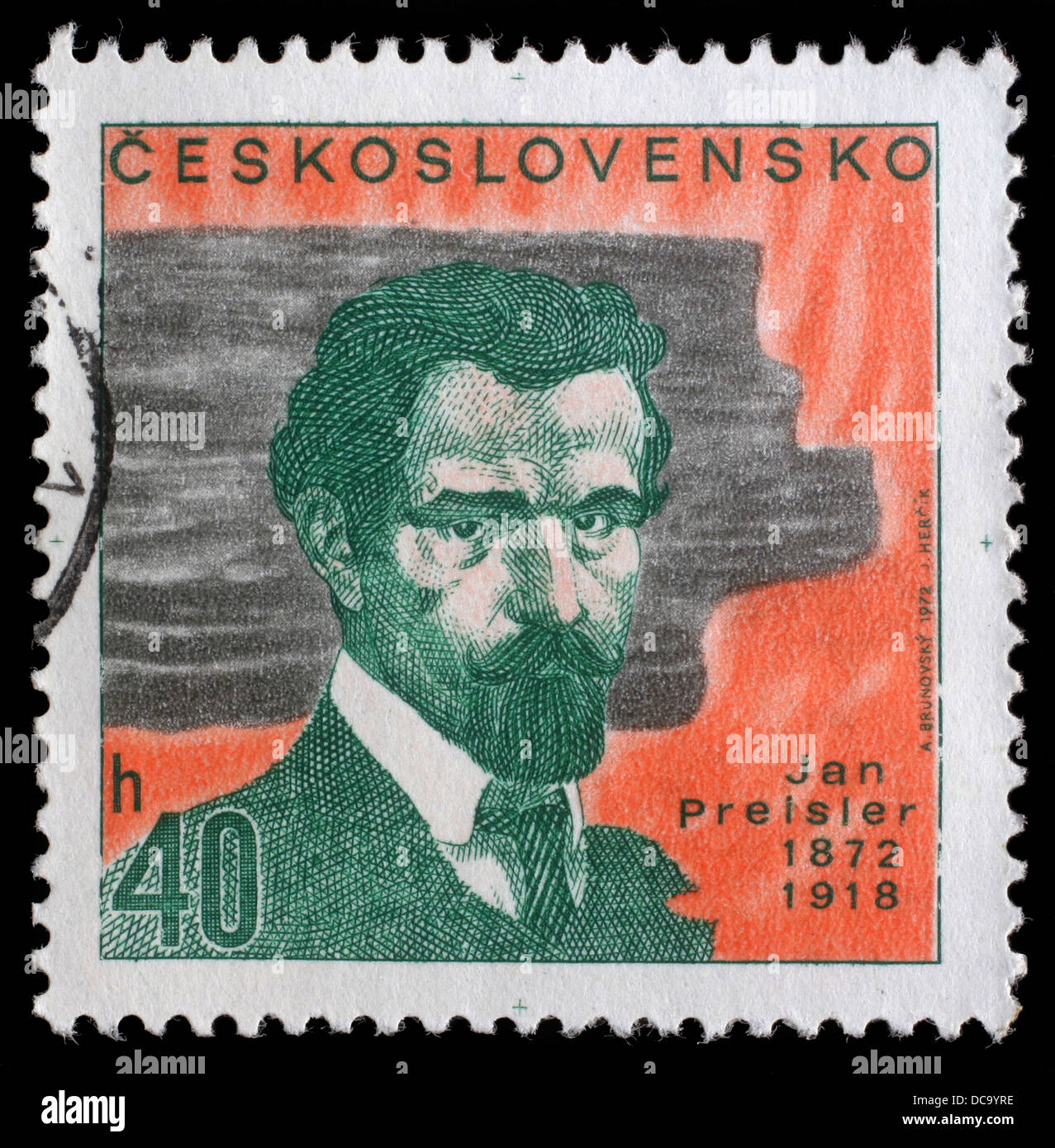 Stamp printed in Czechoslovakia, shows portrait Jan Preisler (1872-1918 ...