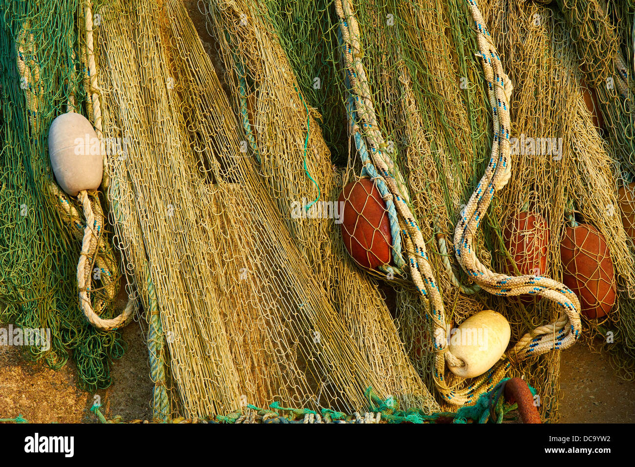 Close up of Fishing nets with buoys on Valentia Island, County Kerry ...