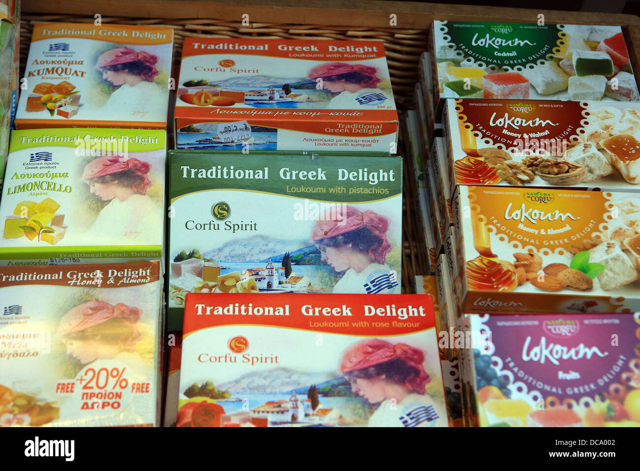Boxes of traditional Greek Delight on sale in Corfu Town Stock Photo ...