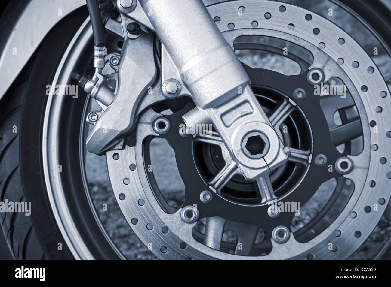 Motorcycle wheel with brake. Closeup monochrome photo Stock Photo - Alamy