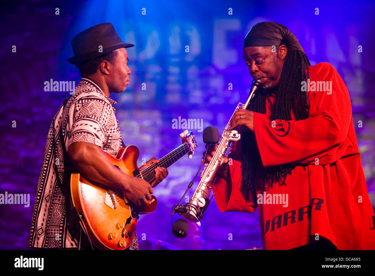 Jazz musician Courtney Pine playing clarinet with guitarist and his ...