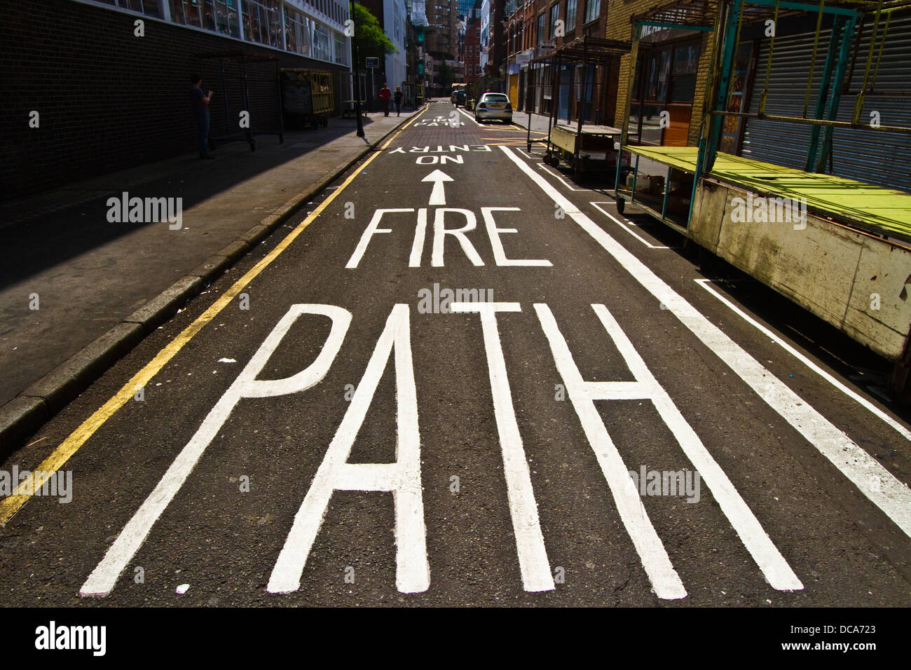 Fire path no entry road markings on Leather lane in London Stock Photo ...