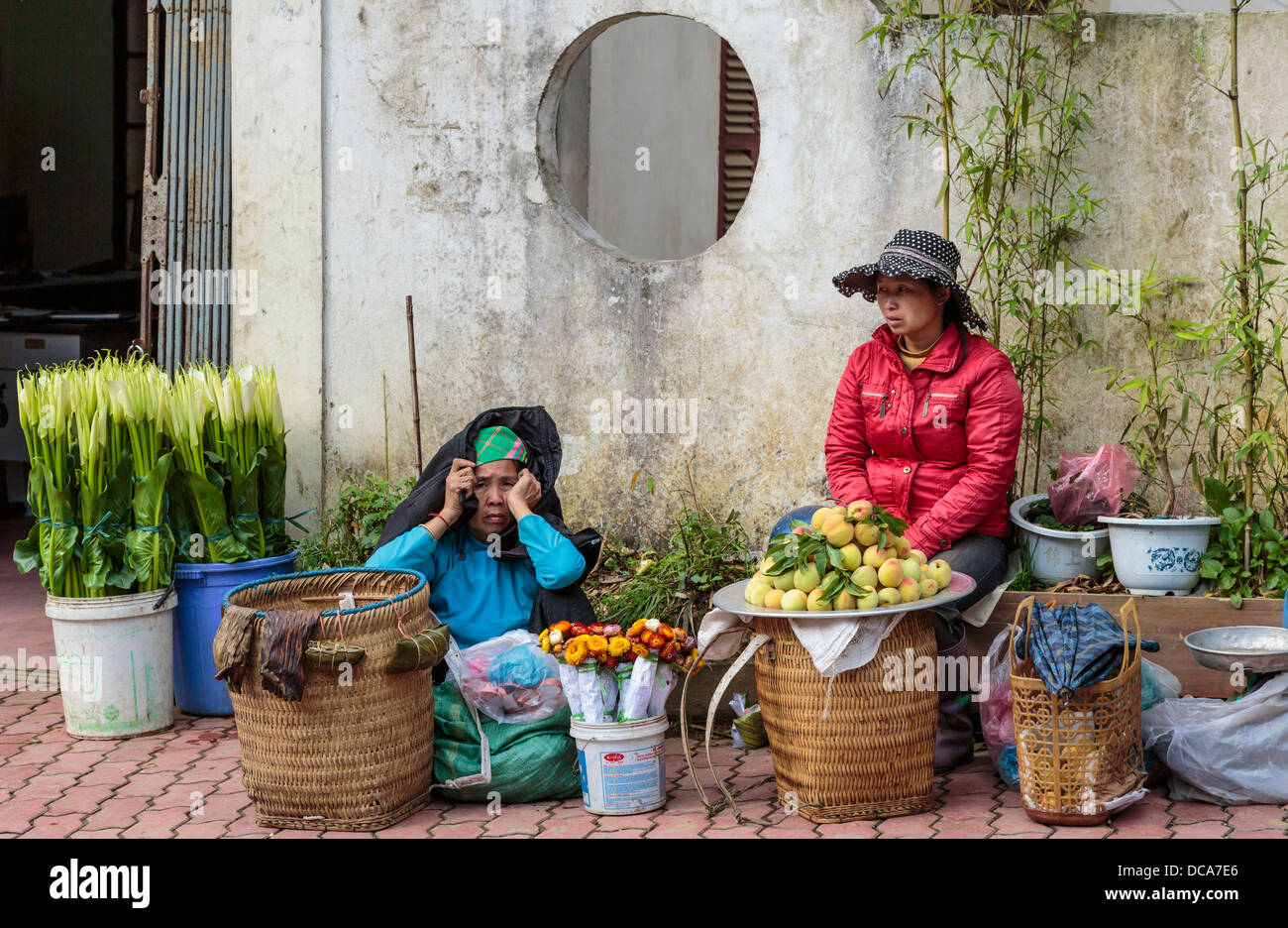The town market with hill tribe people in ethnic dress in Sapa, Vietnam ...