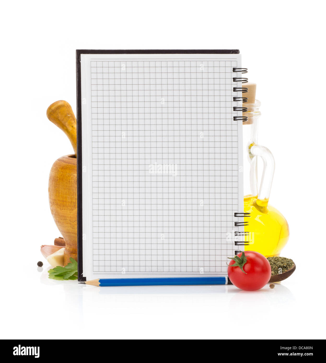 food ingredients and recipe book on white background Stock Photo - Alamy