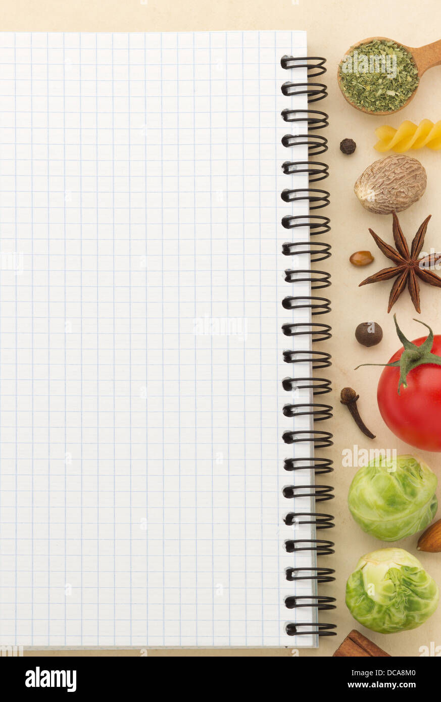 food ingredients and recipe book on aged background Stock Photo - Alamy