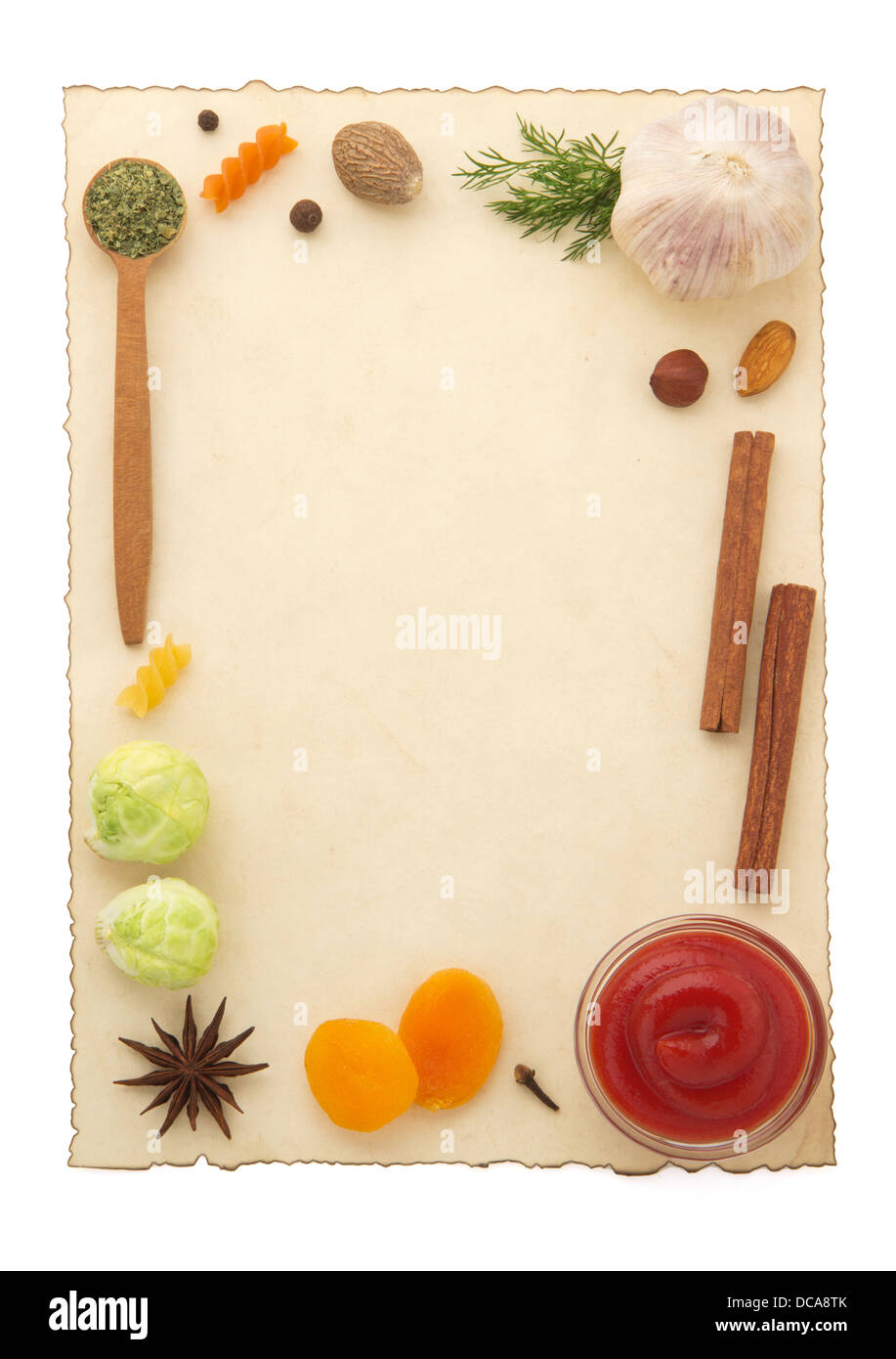 food ingredients and recipe paper on white background Stock Photo - Alamy