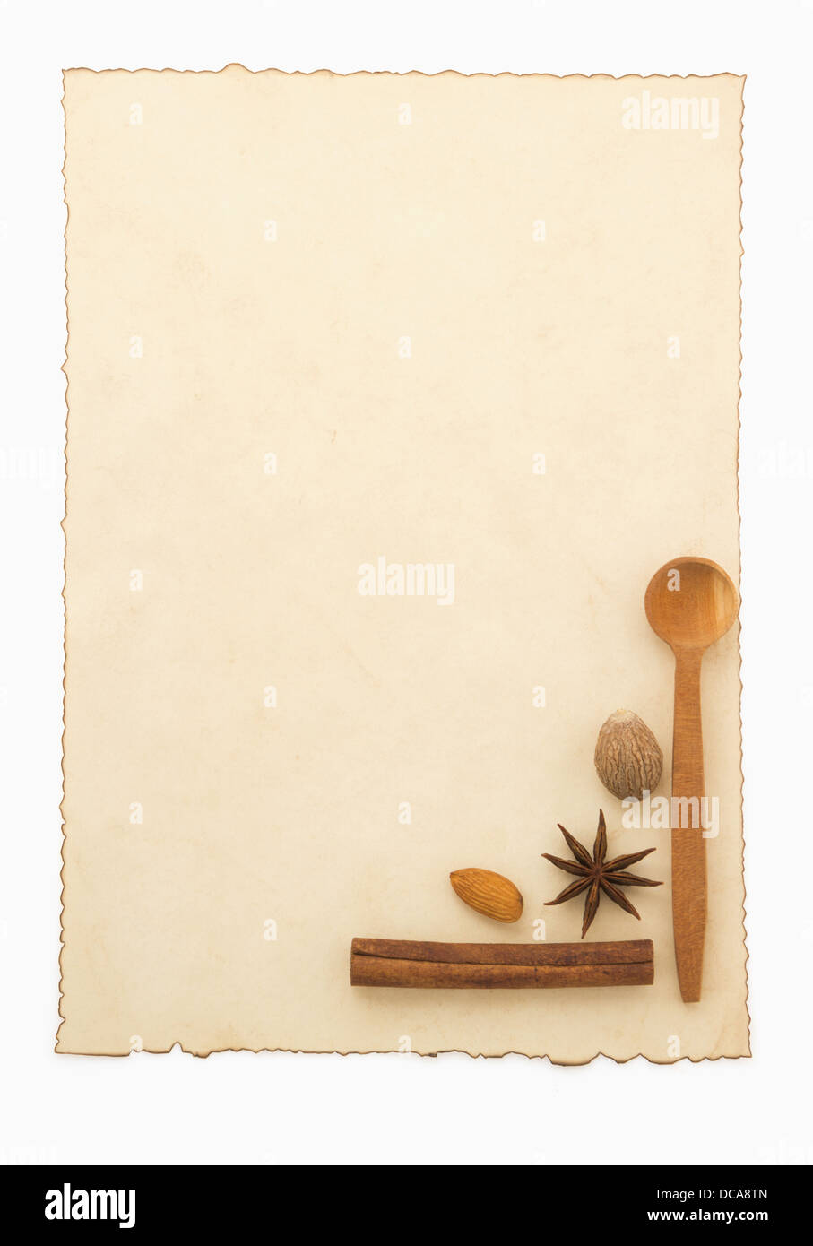 food ingredients and recipe paper on white background Stock Photo - Alamy