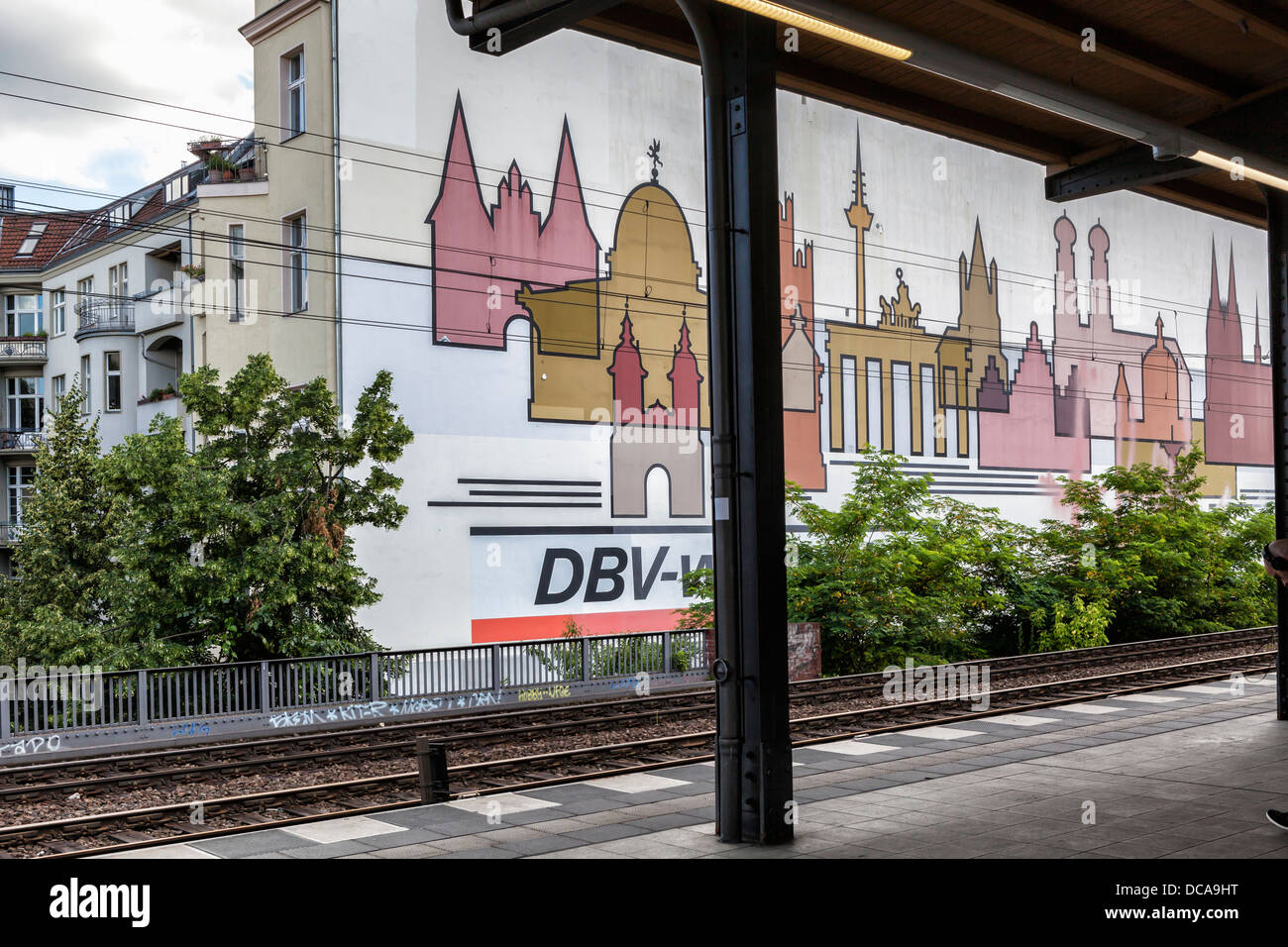 Artwork - graphic drawing of Berlin buildings on a wall at the Savigny ...