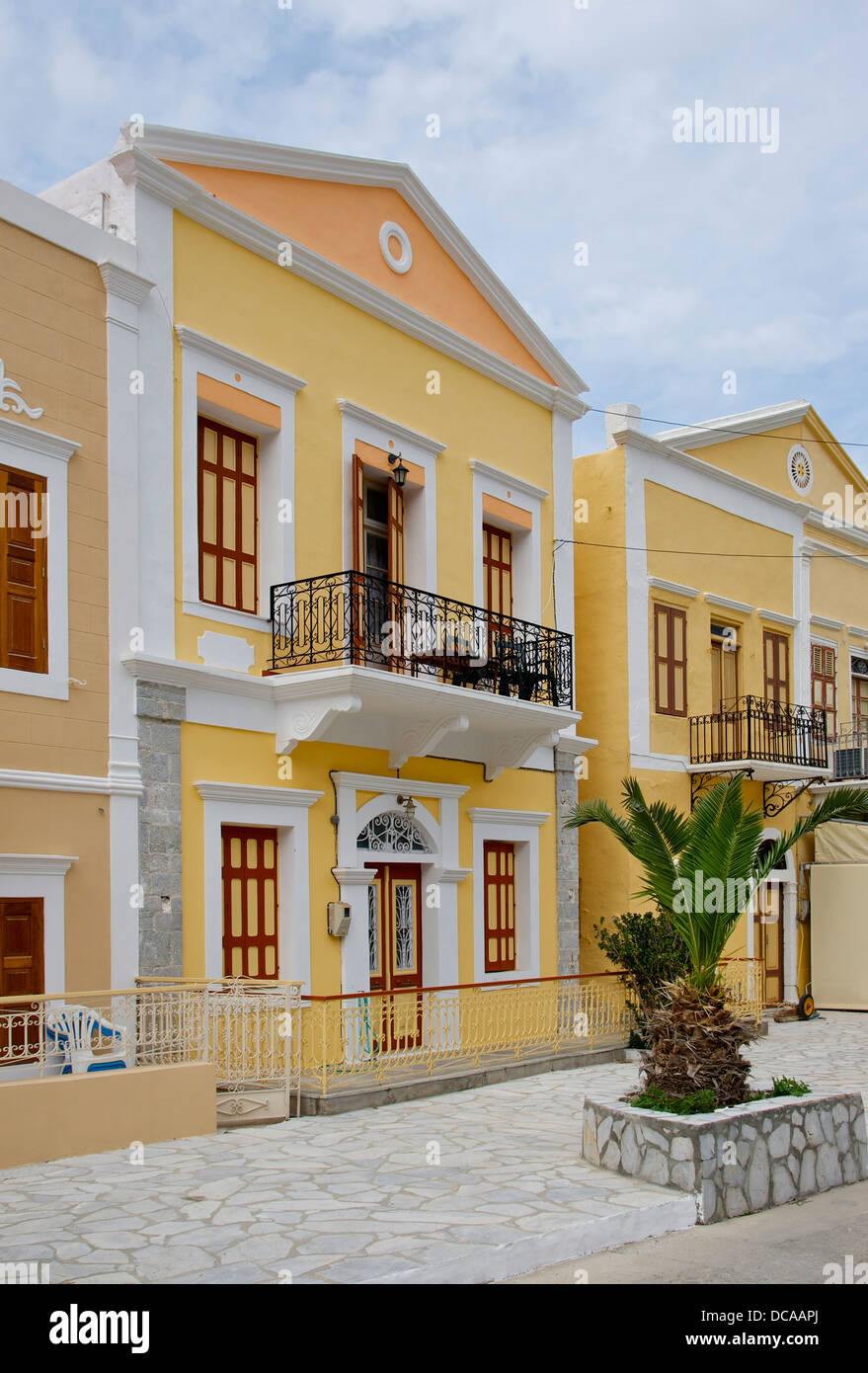 A typical colorful house in the town of Symi, Island of Symi, Greece ...