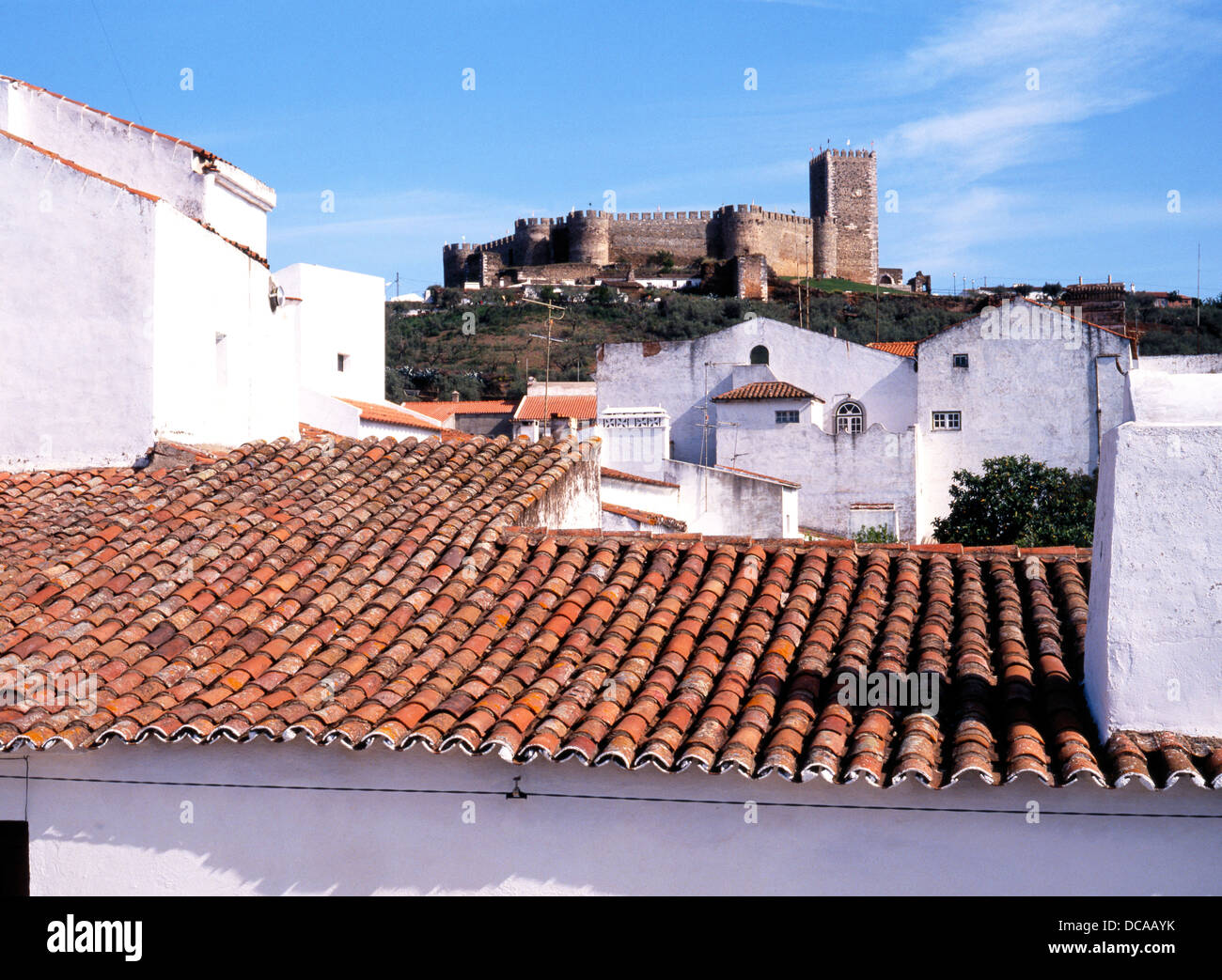 Castle viewed across rooftops, Portal, Alentejo region, portugal ...