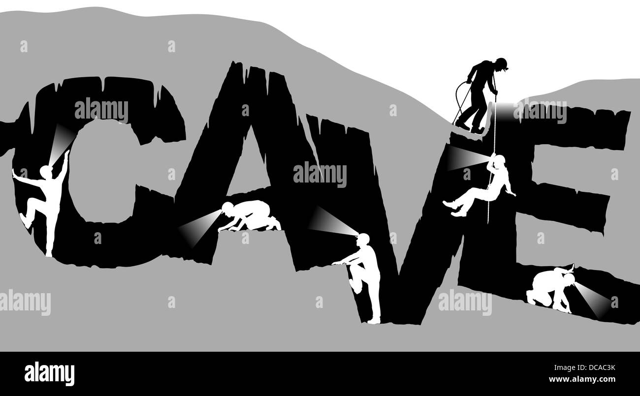 Illustration of cavers exploring a cave in the shape of the word with ...