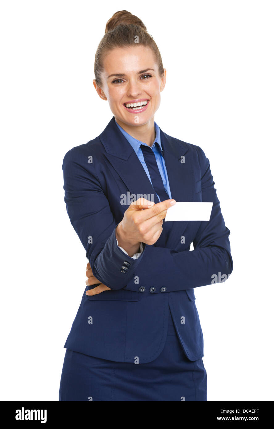 Portrait of smiling business woman giving business card Stock Photo - Alamy
