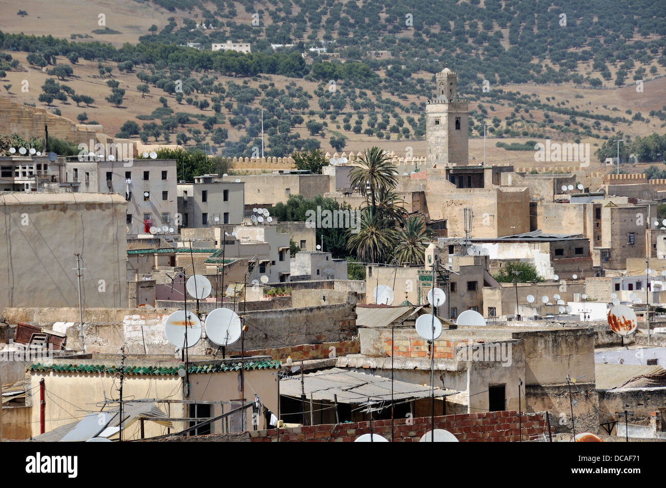 View of Fez medina (Old town of Fes), Morocco with fields at the ...