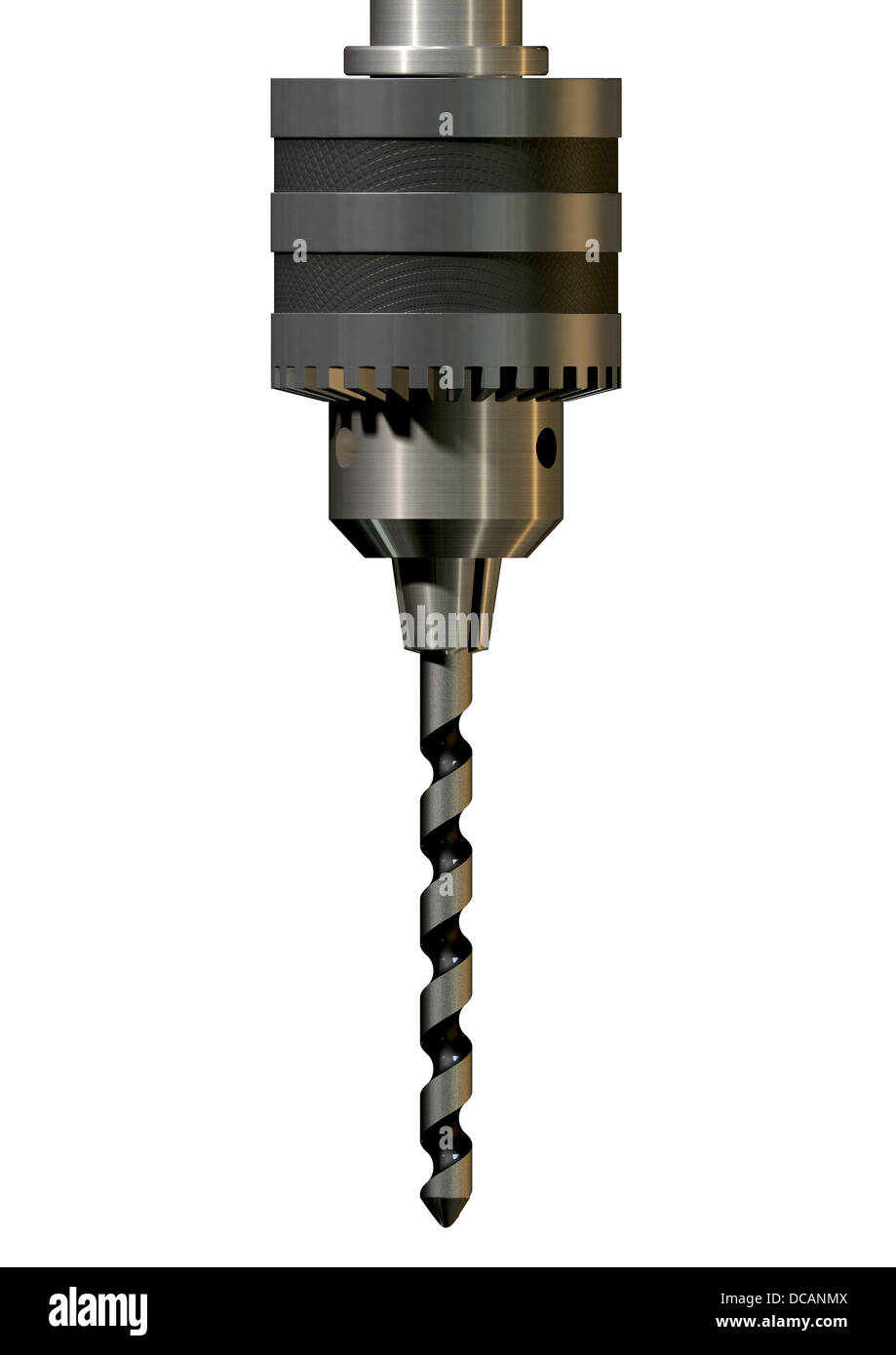 A front view of a metal drill chuck with a spiral drill bit attached to ...