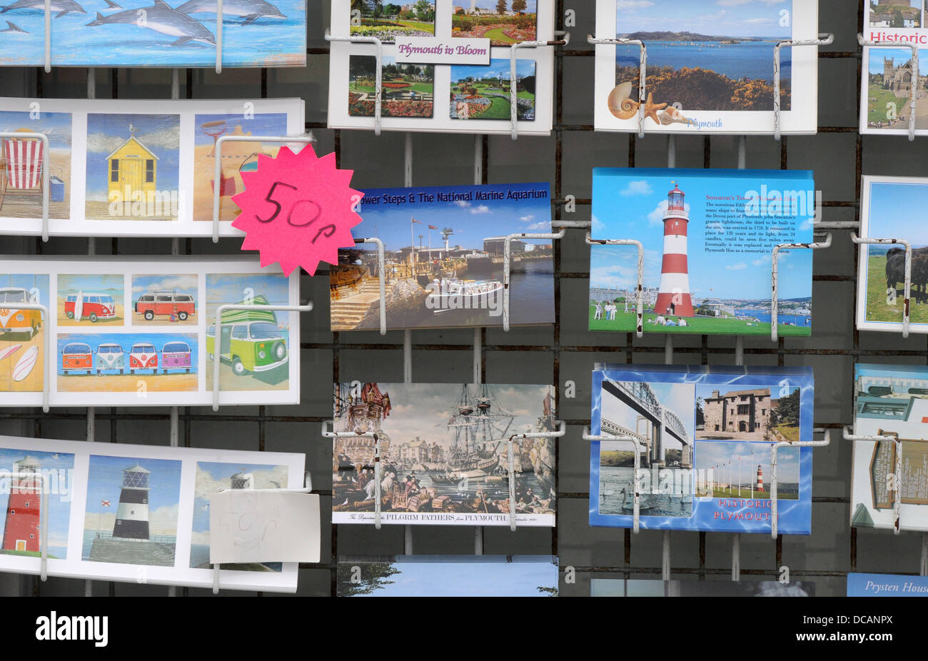 Postcards for sale at Plymouth's historic Barbican area, Devon Stock ...