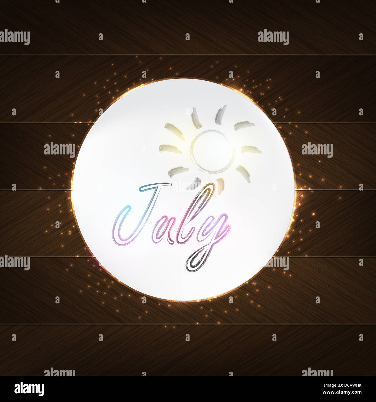 July Typography - background in retro style with sun and label Stock ...
