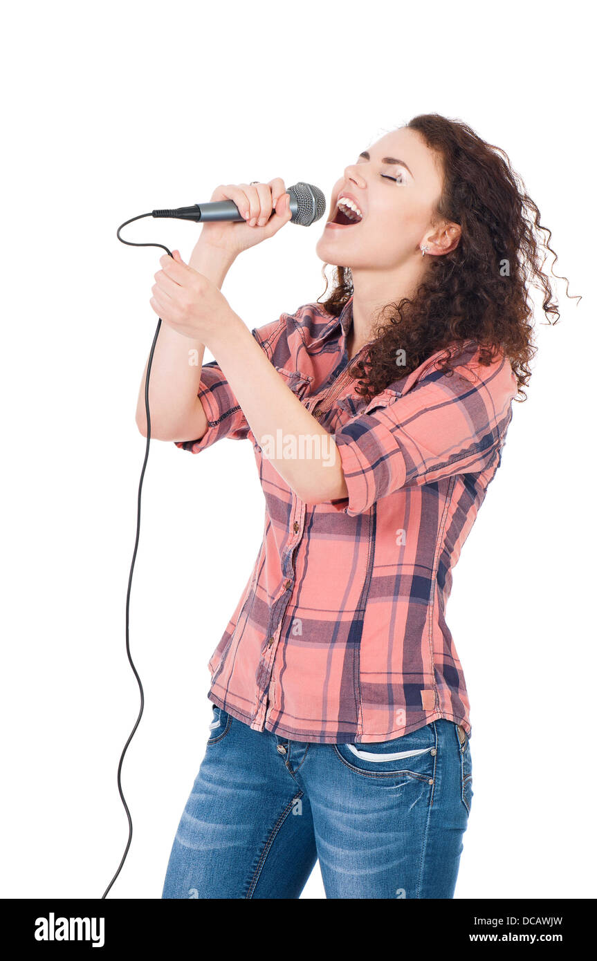 Beautiful girl with microphone isolated on white background Stock Photo ...