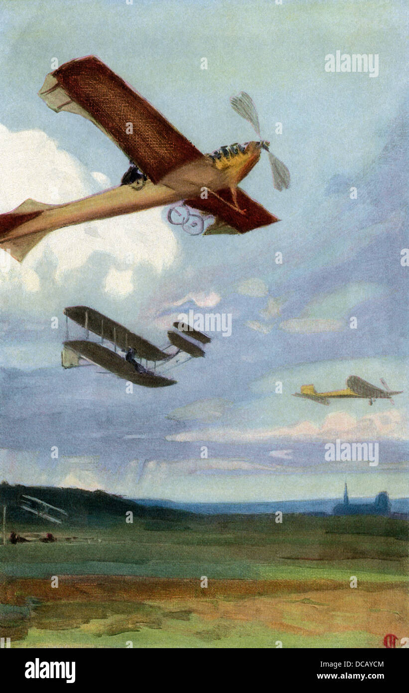 Airplane flights at Rheims, France, during Aviation Week, 1909. Color ...