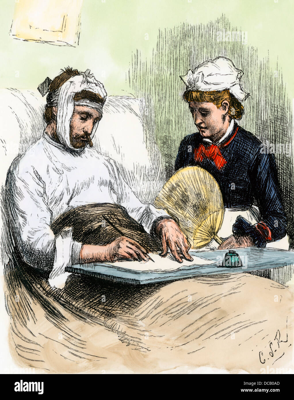 Hospital nurse assisting a patient writing in bed, 1870s. Hand-colored ...