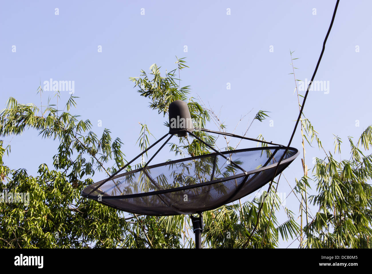 Satellite dish and cloudy blue sky background and tree behind Stock ...