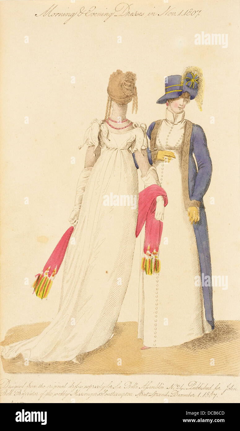 This fashion plate from 1807 depicts the morning and evening dresses of ...