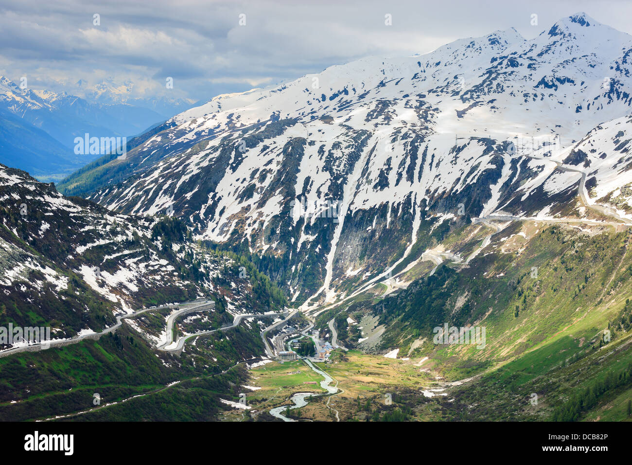 Hairpin on the Furka and Grimsel pass in the Swiss Alps, near Gletsch ...