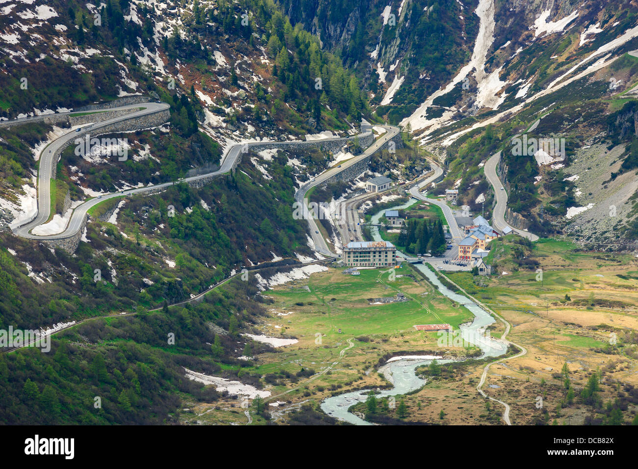 Hairpin on the Furka and Grimsel pass in the Swiss Alps, near Gletsch ...