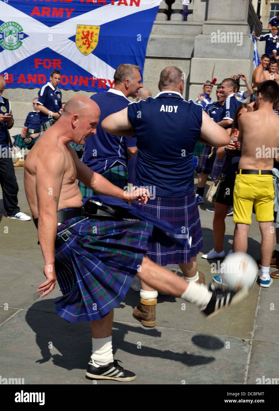 London, UK. 14th Aug, 2013. Scotland fans gather in Trafalgar Square ...