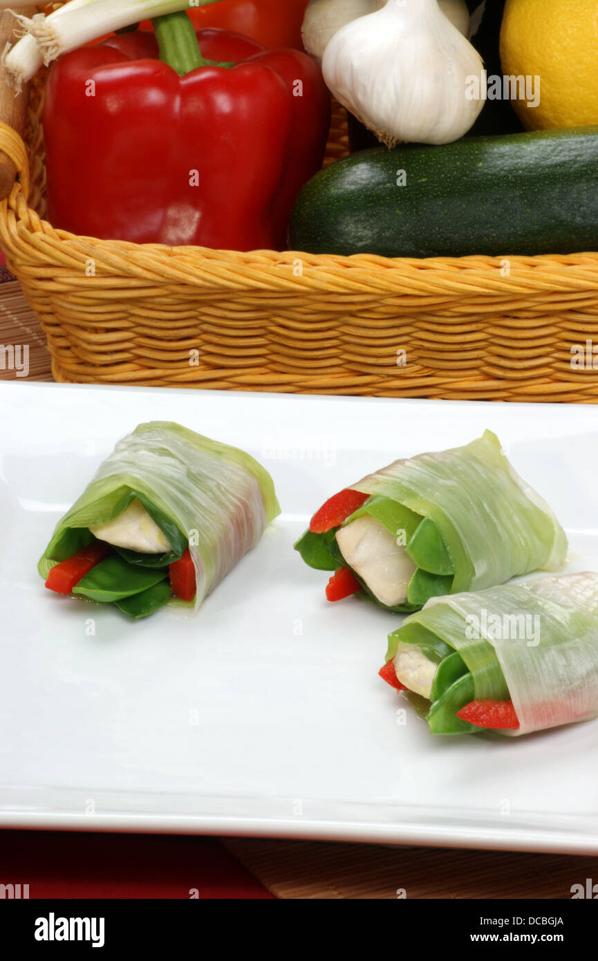 asian style chicken and vegetable bundles Stock Photo - Alamy