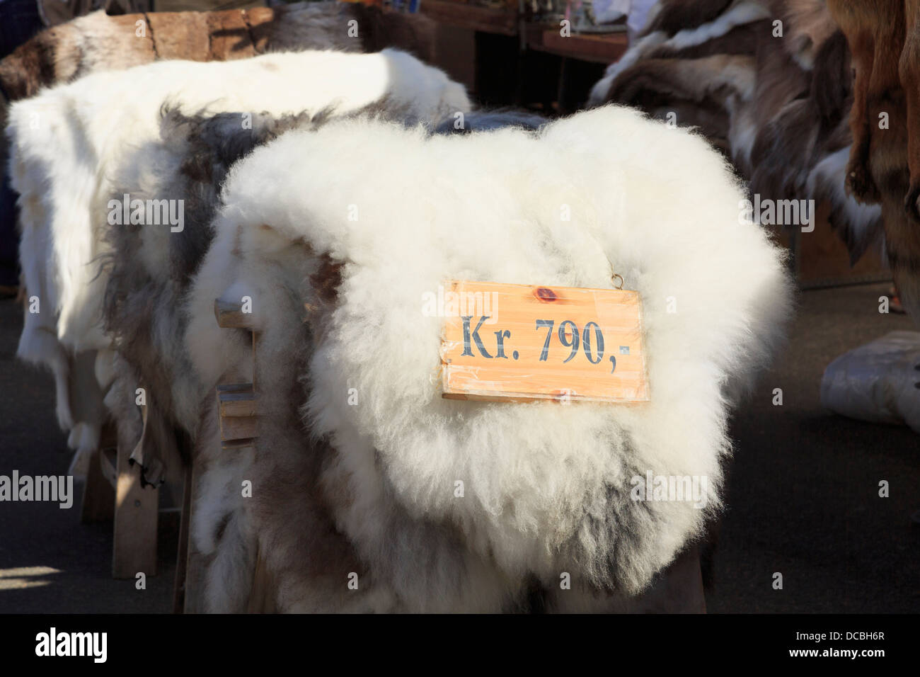 Reindeer fur skins on sale on a market stall in Bergen, Hordaland ...